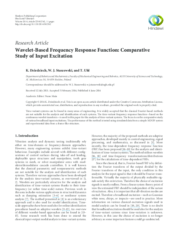 (PDF) Wavelet-Based Frequency Response Function: Comparative Study of Input Excitation