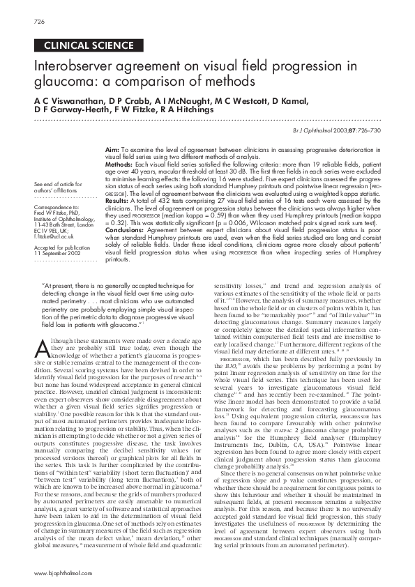 (PDF) Interobserver agreement on visual field progression in glaucoma: a comparison of methods