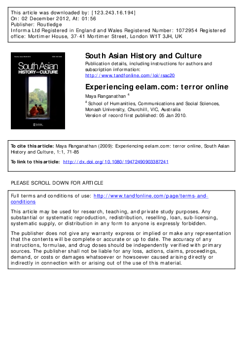 (PDF) Ranganathan, M., 2010, ‘Eelam.com: terror online’, South Asia ...