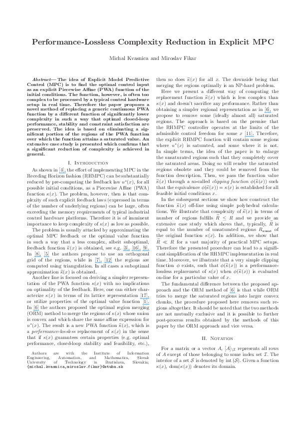 Pdf Performance Lossless Complexity Reduction In Explicit Mpc Michal Kvasnica 