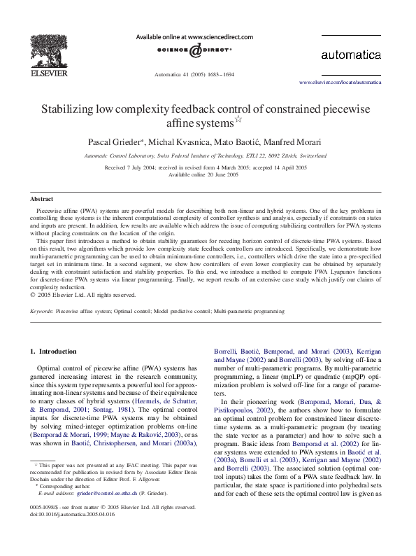 (PDF) Stabilizing low complexity feedback control of constrained piecewise affine systems