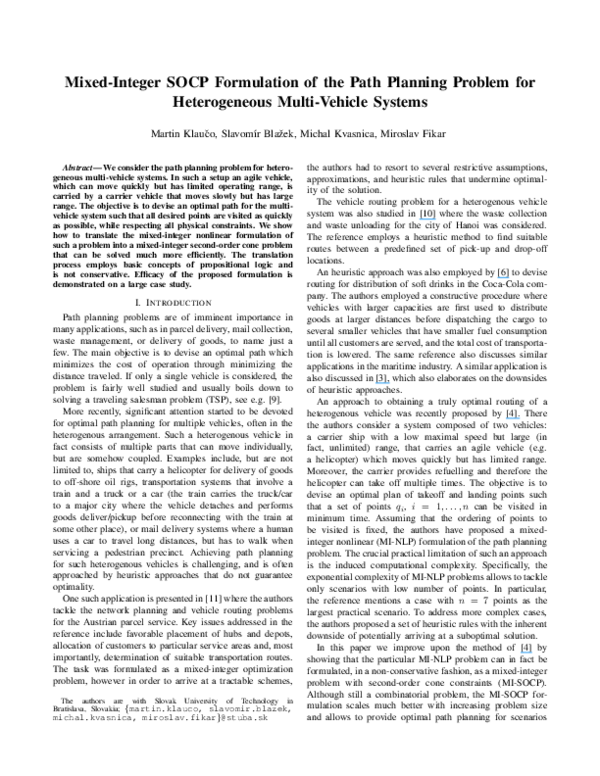 Pdf Mixed Integer Socp Formulation Of The Path Planning Problem For Heterogeneous Multi