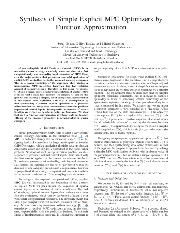 (PDF) Synthesis of simple explicit MPC optimizers by function approximation
