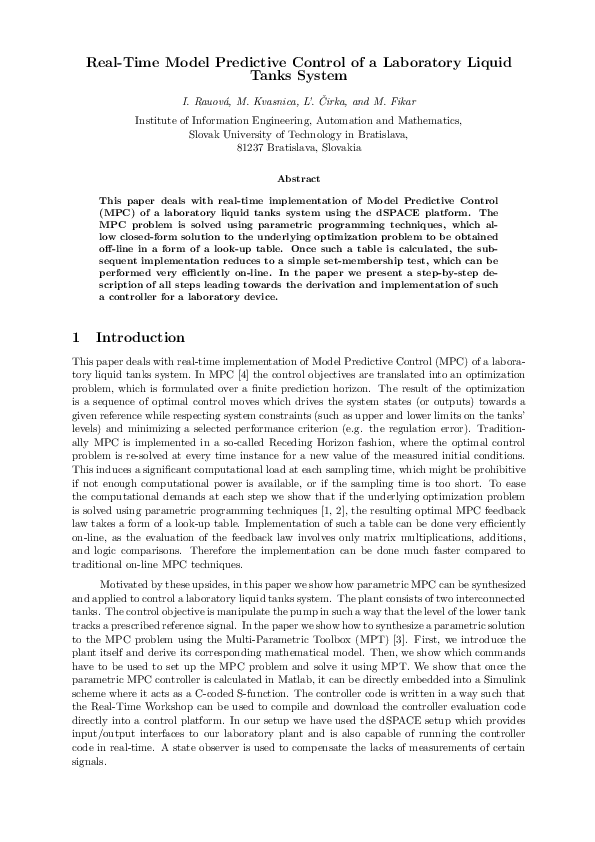 Pdf Real Time Model Predictive Control Of A Laboratory Liquid Tanks System