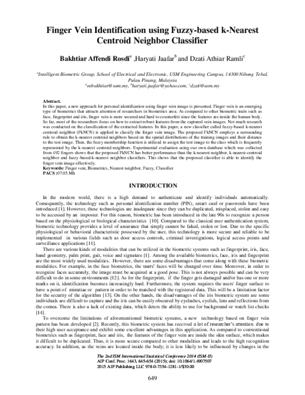 (PDF) Finger Vein Identification using Fuzzy-based k-Nearest Centroid Neighbor Classifier