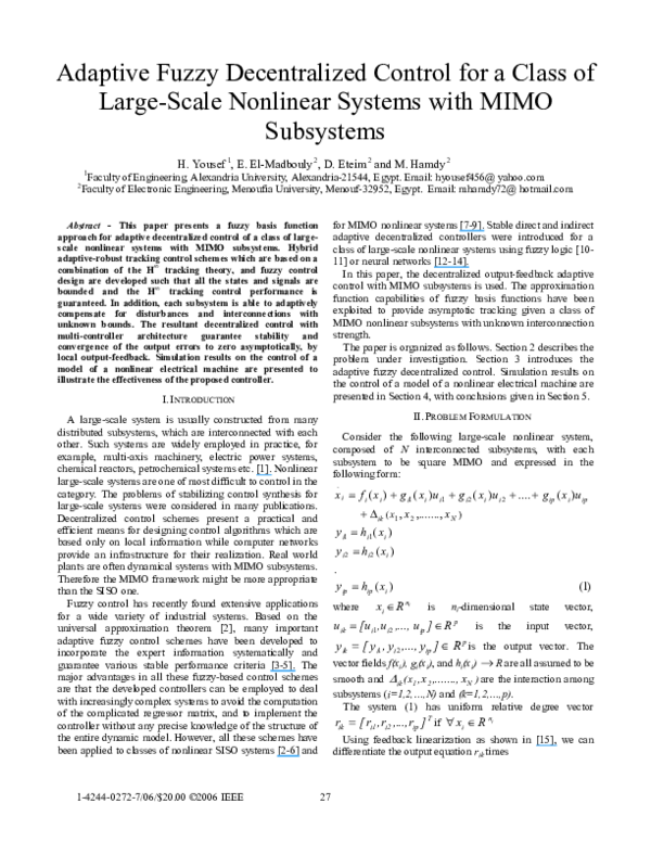 Pdf Adaptive Fuzzy Decentralized Control For A Class Of Large Scale Stochastic Nonlinear Systems