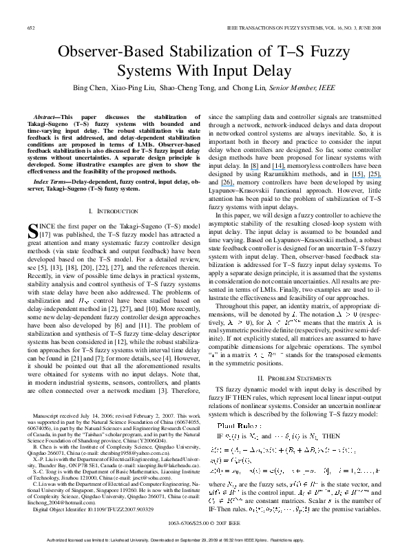 (PDF) Observer-Based Stabilization of T–S Fuzzy Systems With Input Delay