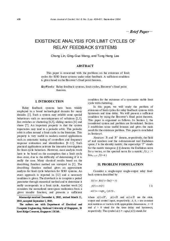 (PDF) EXISTENCE ANALYSIS FOR LIMIT CYCLES OF RELAY FEEDBACK SYSTEMS