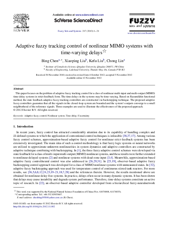 Pdf Adaptive Fuzzy Tracking Control Of Nonlinear Mimo Systems With Time Varying Delays