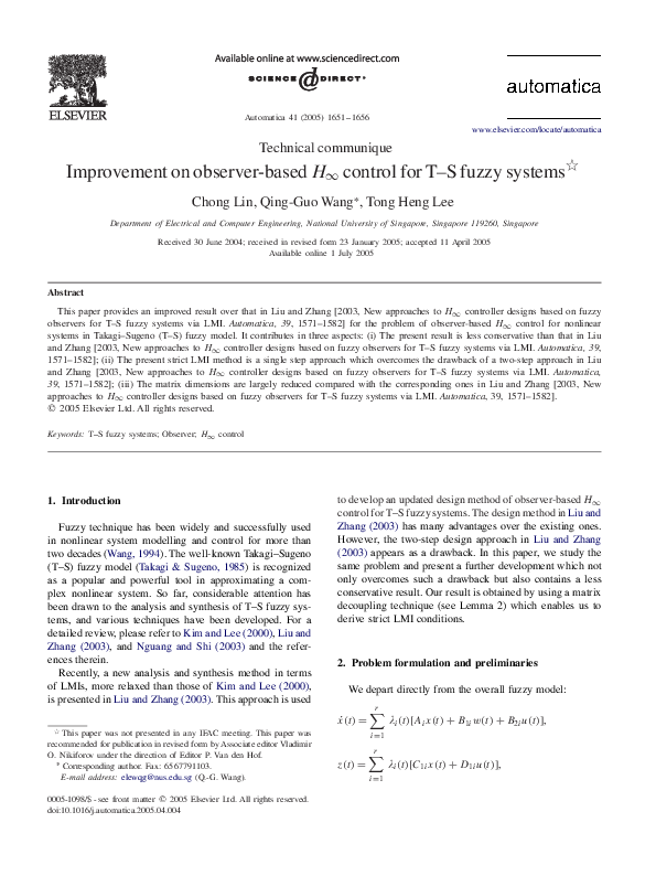 (PDF) Improvement on observer-based control for T–S fuzzy systems