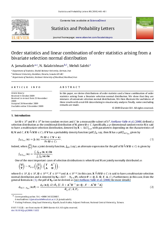 Pdf Order Statistics And Linear Combination Of Order Statistics Arising From A Bivariate