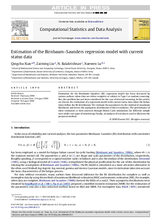 (PDF) Estimation of the Birnbaum–Saunders regression model with current status data
