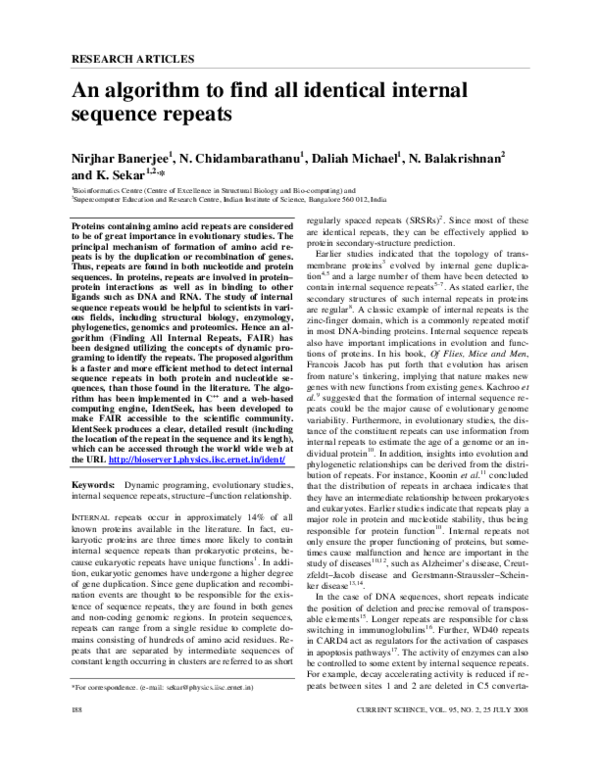 Pdf An Algorithm To Find All Identical Internal Sequence Repeats