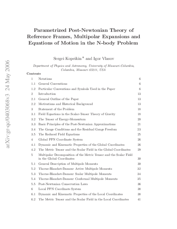 Pdf Parametrized Post Newtonian Theory Of Reference Frames