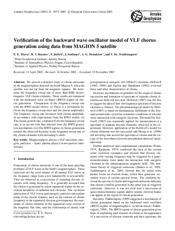Pdf Verification Of The Backward Wave Oscillator Model Of Vlf Chorus Generation Using Data