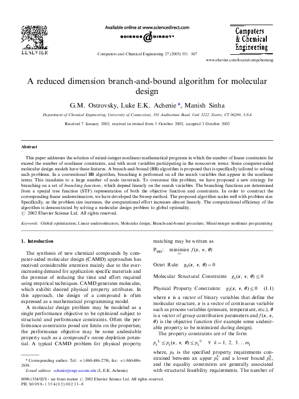 (PDF) A reduced dimension branch-and-bound algorithm for molecular design