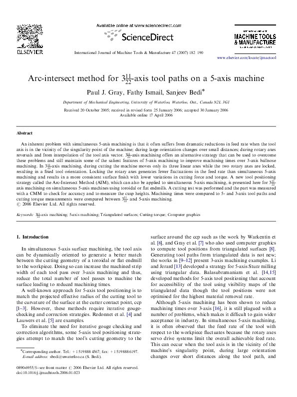 (PDF) Arc-intersect method for-axis tool paths on a 5-axis machine
