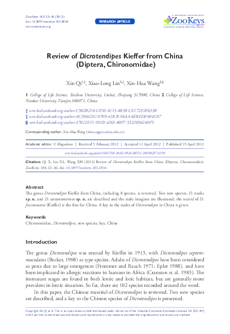 (PDF) Review of Dicrotendipes Kieffer from China (Diptera, Chironomidae)
