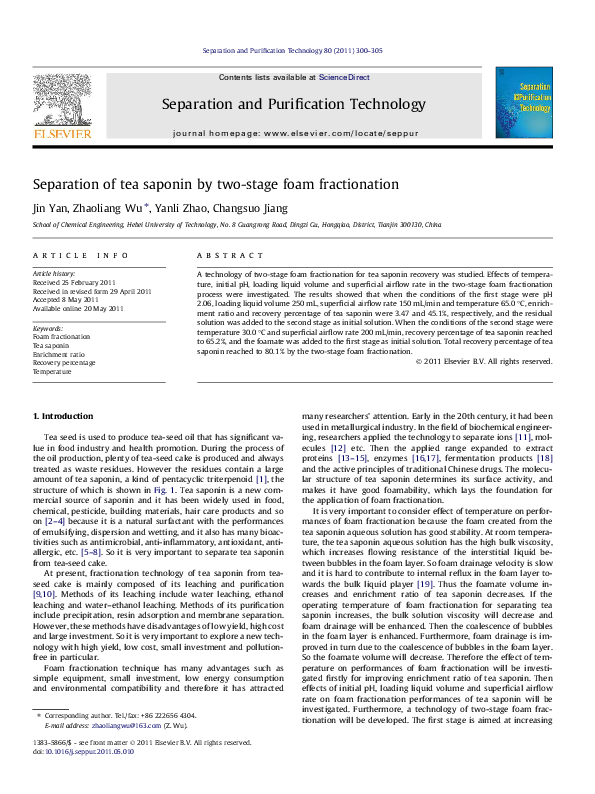 (PDF) Separation of tea saponin by two-stage foam fractionation