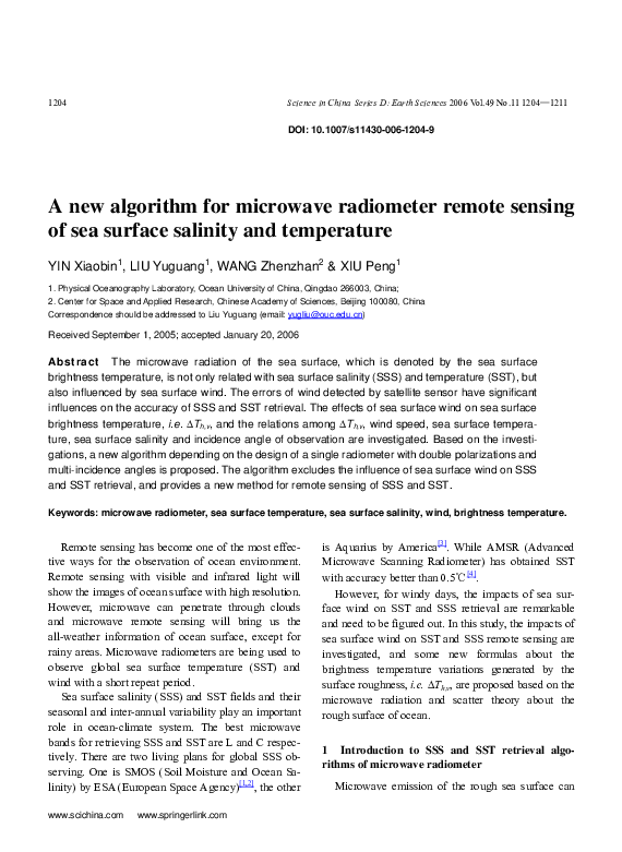 (PDF) A new algorithm for microwave radiometer remote sensing of sea ...