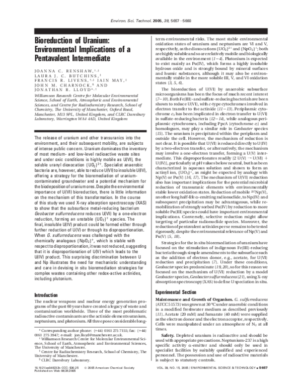 (PDF) Bioreduction of Uranium: Environmental Implications of a ...