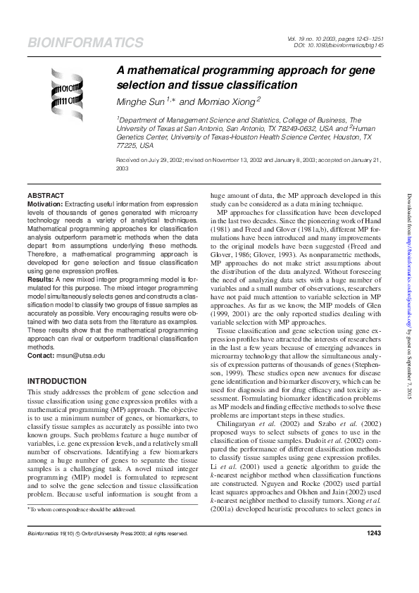 (PDF) A mathematical programming approach for gene selection and tissue classification