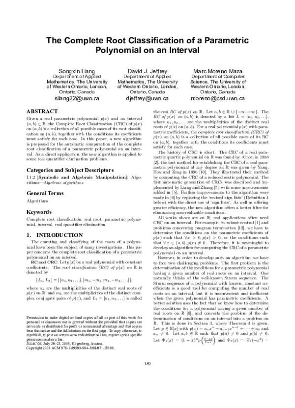 Pdf The Complete Root Classification Of A Parametric Polynomial On An Interval