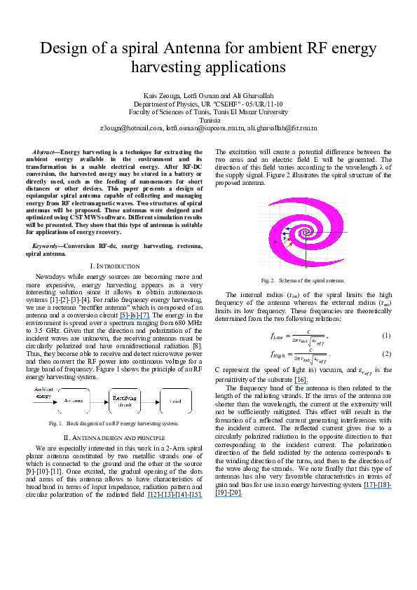 (PDF) Design of a spiral Antenna for ambient RF energy harvesting applications
