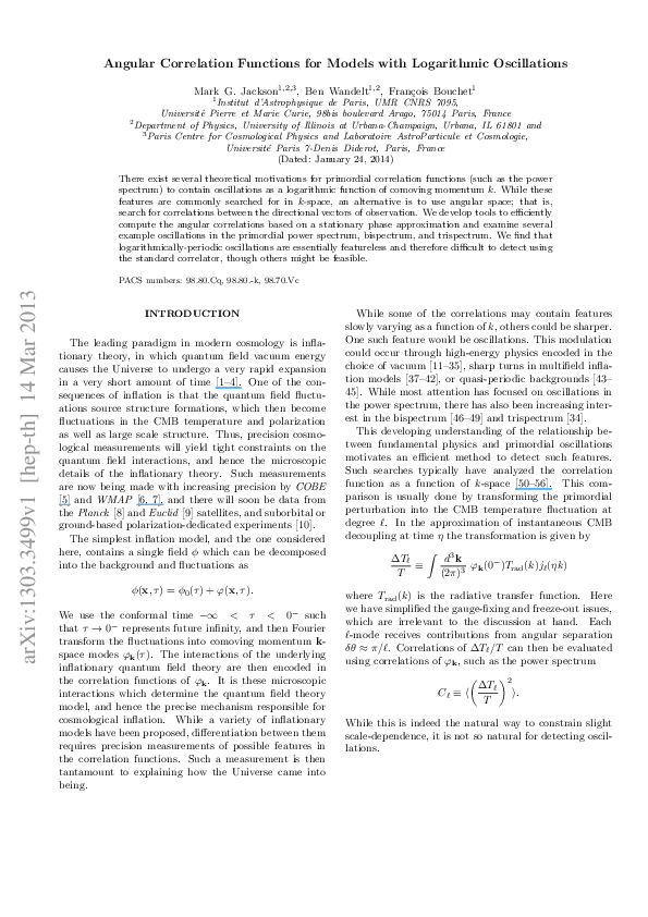 (PDF) Angular correlation functions for models with logarithmic oscillations