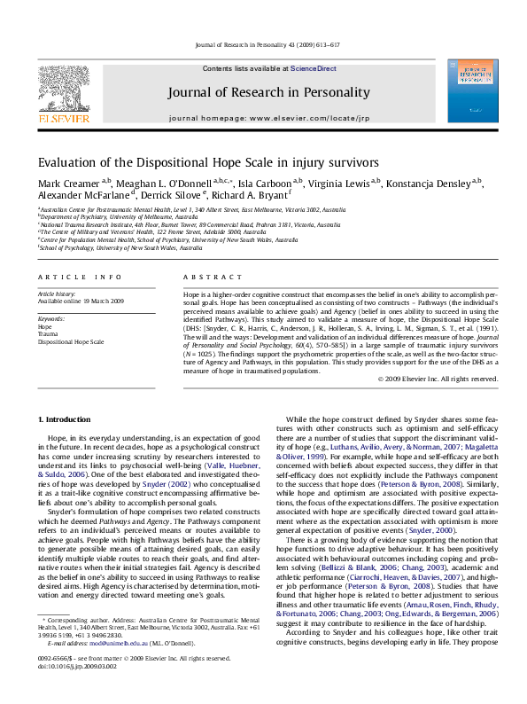 (PDF) Evaluation of the Dispositional Hope Scale in injury survivors