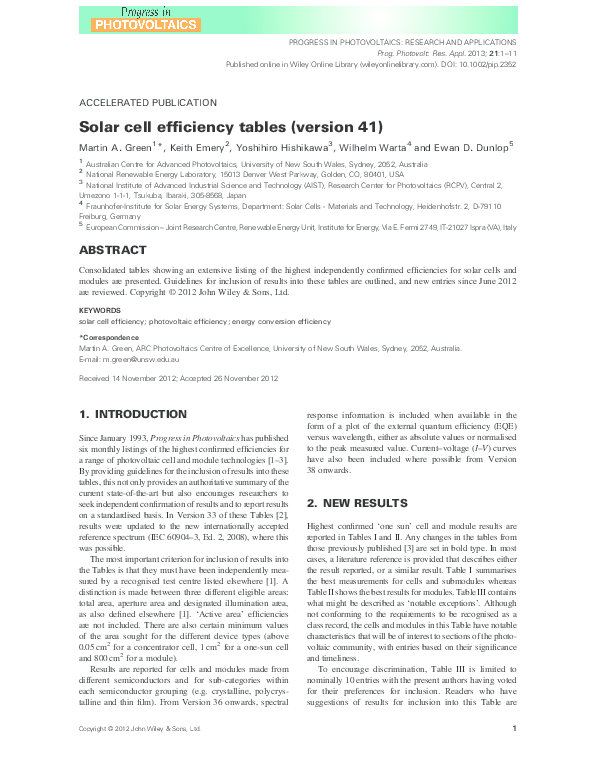 (PDF) Solar cell efficiency tables (version 41)
