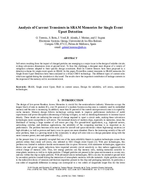 Pdf Analysis Of Current Transients In Sram Memories For Single Event Upset Detection
