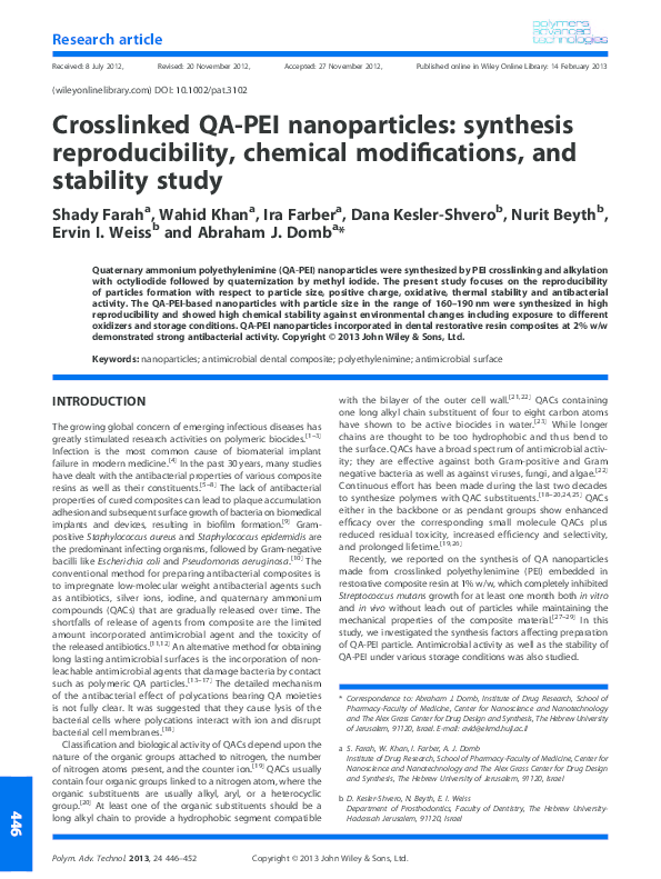 (PDF) Crosslinked QA-PEI nanoparticles: synthesis reproducibility, chemical modifications, and ...