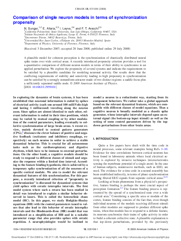 Pdf Comparison Of Single Neuron Models In Terms Of Synchronization