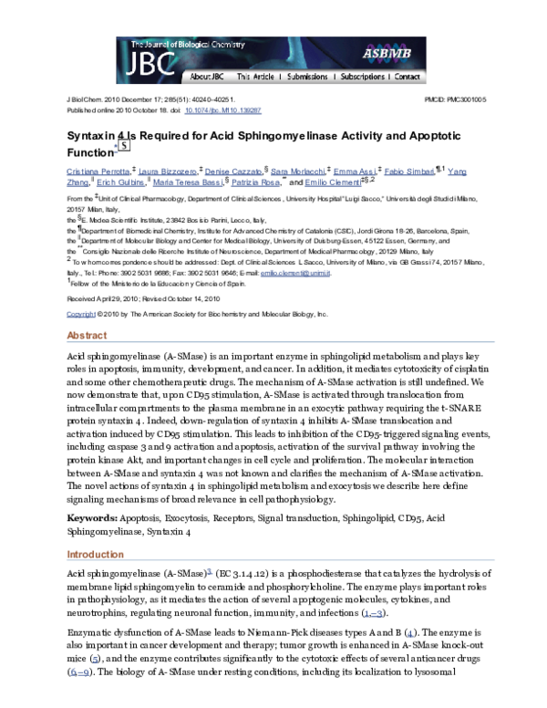(PDF) Syntaxin 4 Is Required for Acid Sphingomyelinase Activity and ...