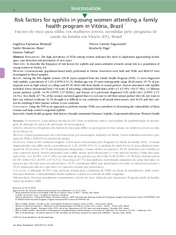 (PDF) Risk factors for syphilis in young women attending a family ...