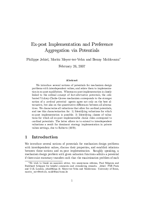 (PDF) Ex-post implementation and preference aggregation via potentials