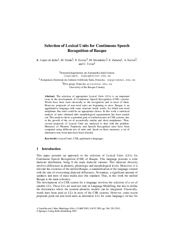 (PDF) Selection of Lexical Units for Continuous Speech Recognition of Basque