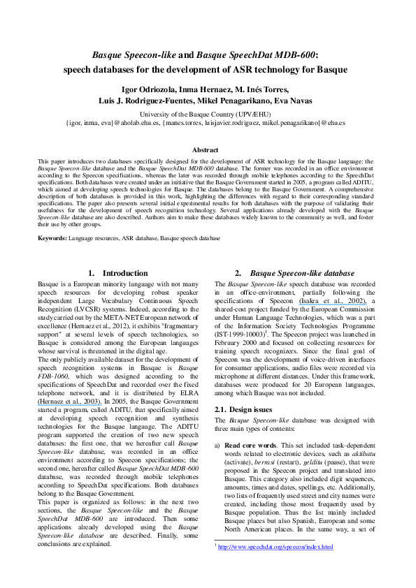 (PDF) Basque Speecon-like and Basque SpeechDat MDB-600: speech databases for the development of ...
