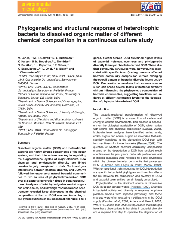 (PDF) Phylogenetic and structural response of heterotrophic bacteria to dissolved organic matter ...