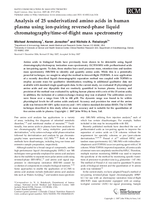 (PDF) Analysis of 25 underivatized amino acids in human plasma using ion-pairing reversed-phase ...