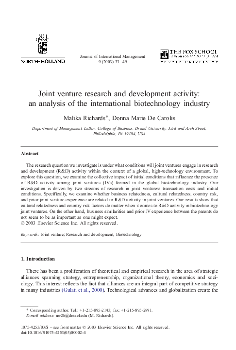 (PDF) Joint venture research and development activity: an analysis of ...
