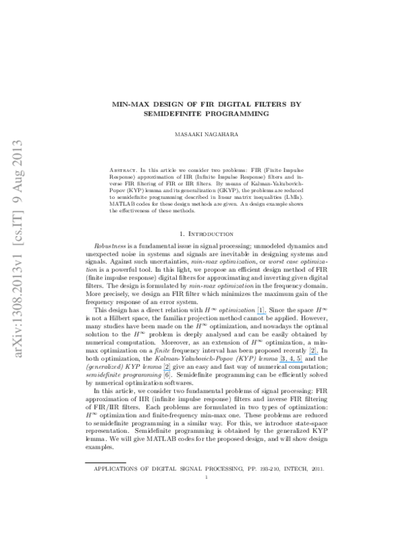 Pdf Min Max Design Of Fir Digital Filters By Semidefinite Programming 4986