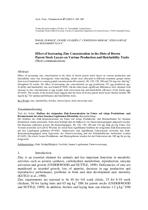 (PDF) Effect of Increasing Zinc Concentration in the Diets of Brown ...