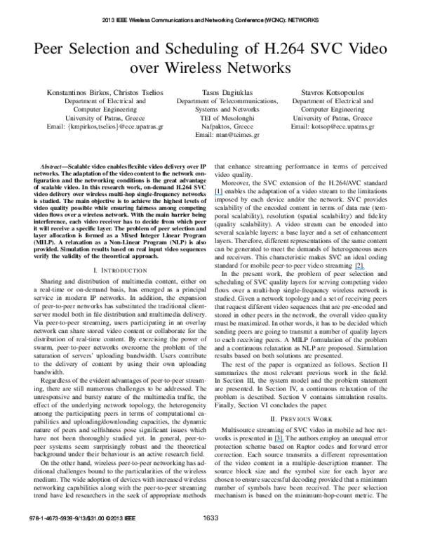 (PDF) Peer selection and scheduling of H.264 SVC video over wireless networks