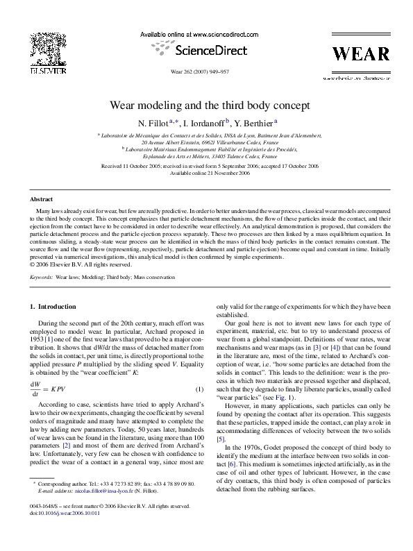 (PDF) Wear modeling and the third body concept