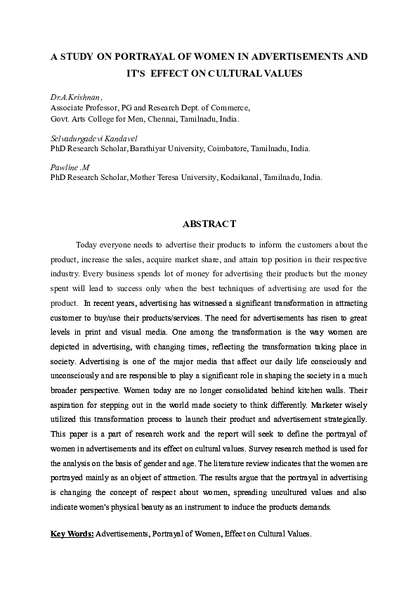 (DOC) A STUDY ON PORTRAYAL OF WOMEN IN ADVERTISEMENTS AND IT'S EFFECT ...
