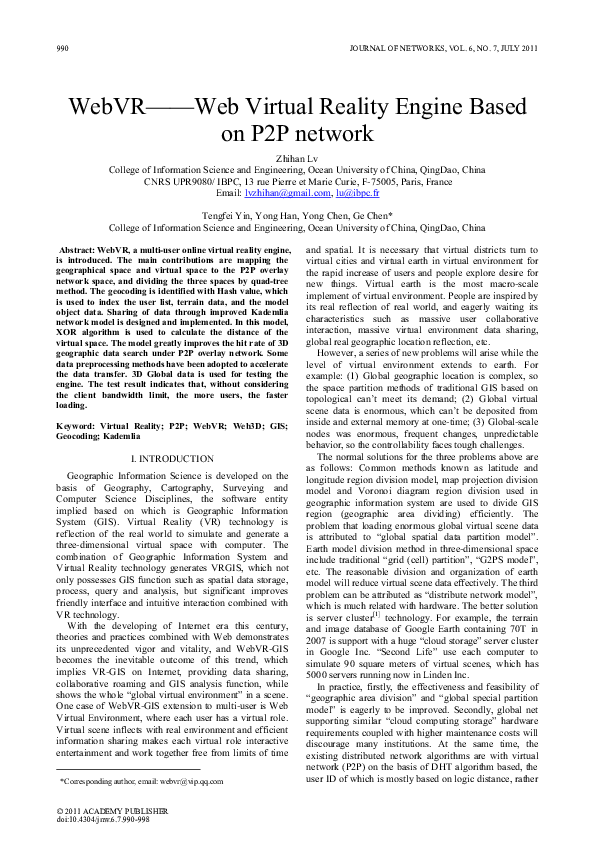 (PDF) WebVR——Web Virtual Reality Engine Based on P2P network