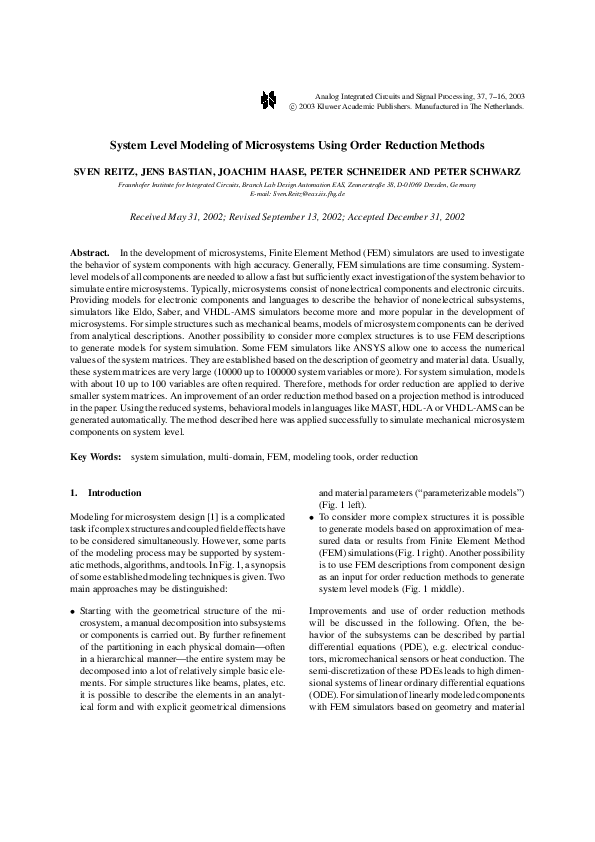 (PDF) System Level Modeling of Microsystems Using Order Reduction Methods