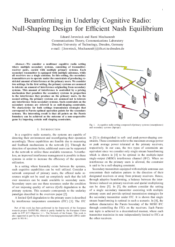 (PDF) Beamforming in underlay cognitive radio: Null-shaping design for efficient Nash equilibrium